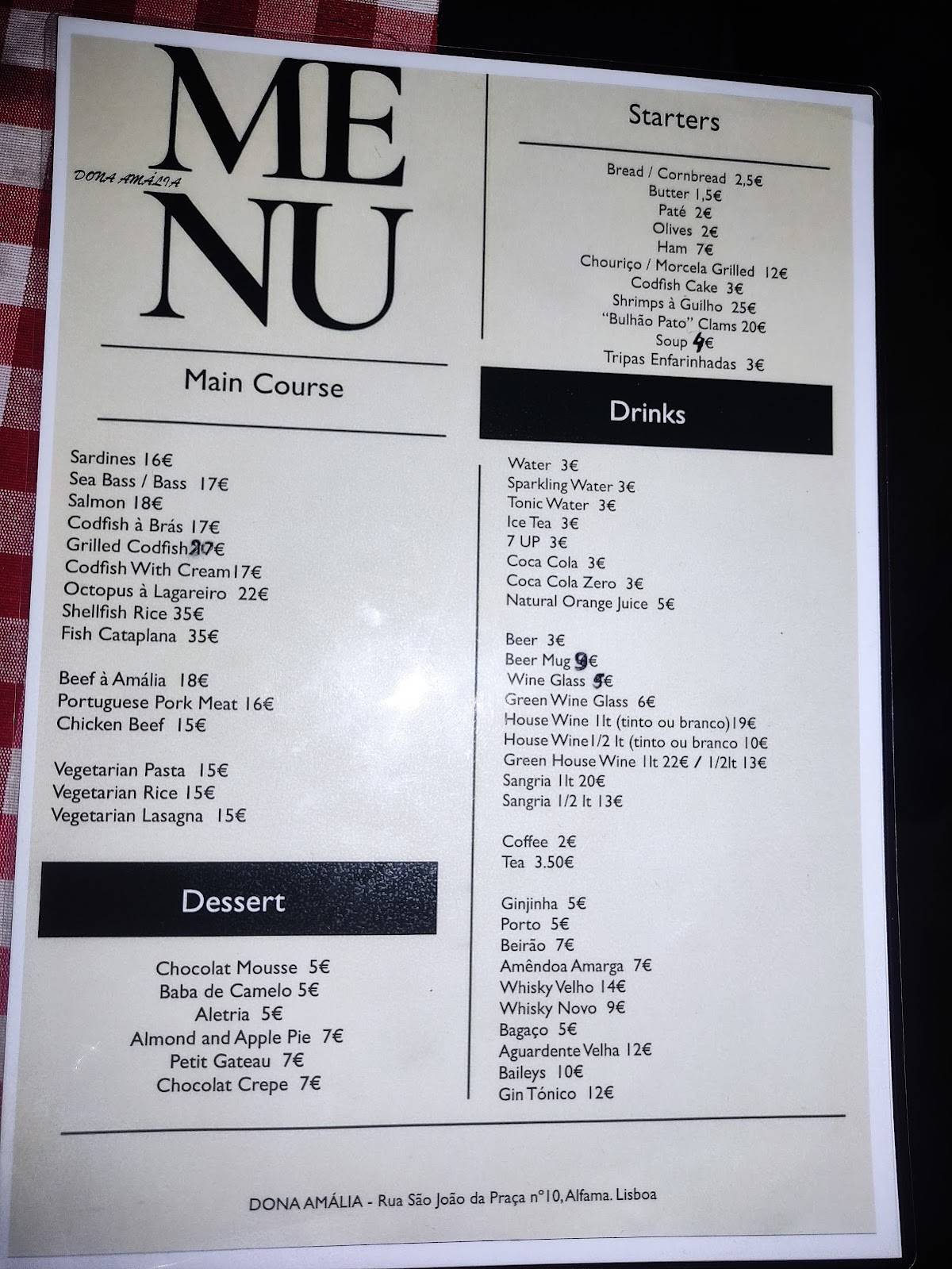 Menu at Dona Amália - Casa de fado restaurant, Lisbon