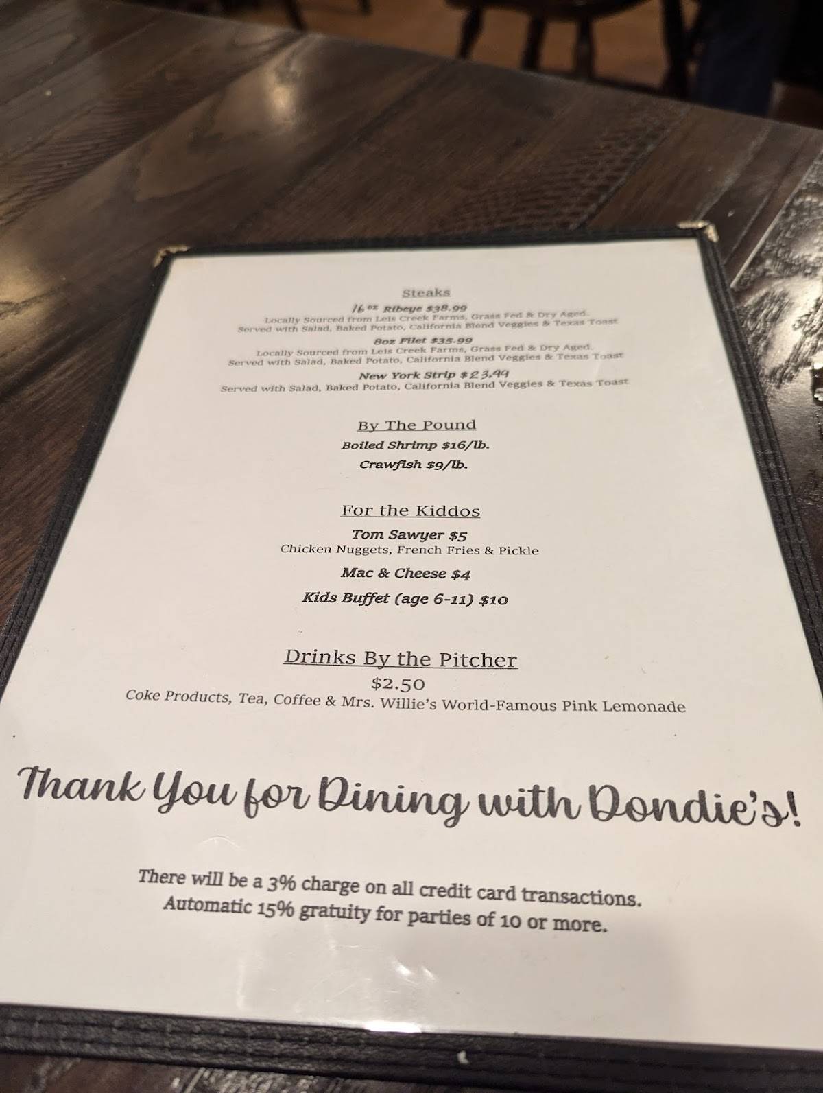 Menu at Dondie's White River Princess restaurant, Des Arc, 203 E Curran St