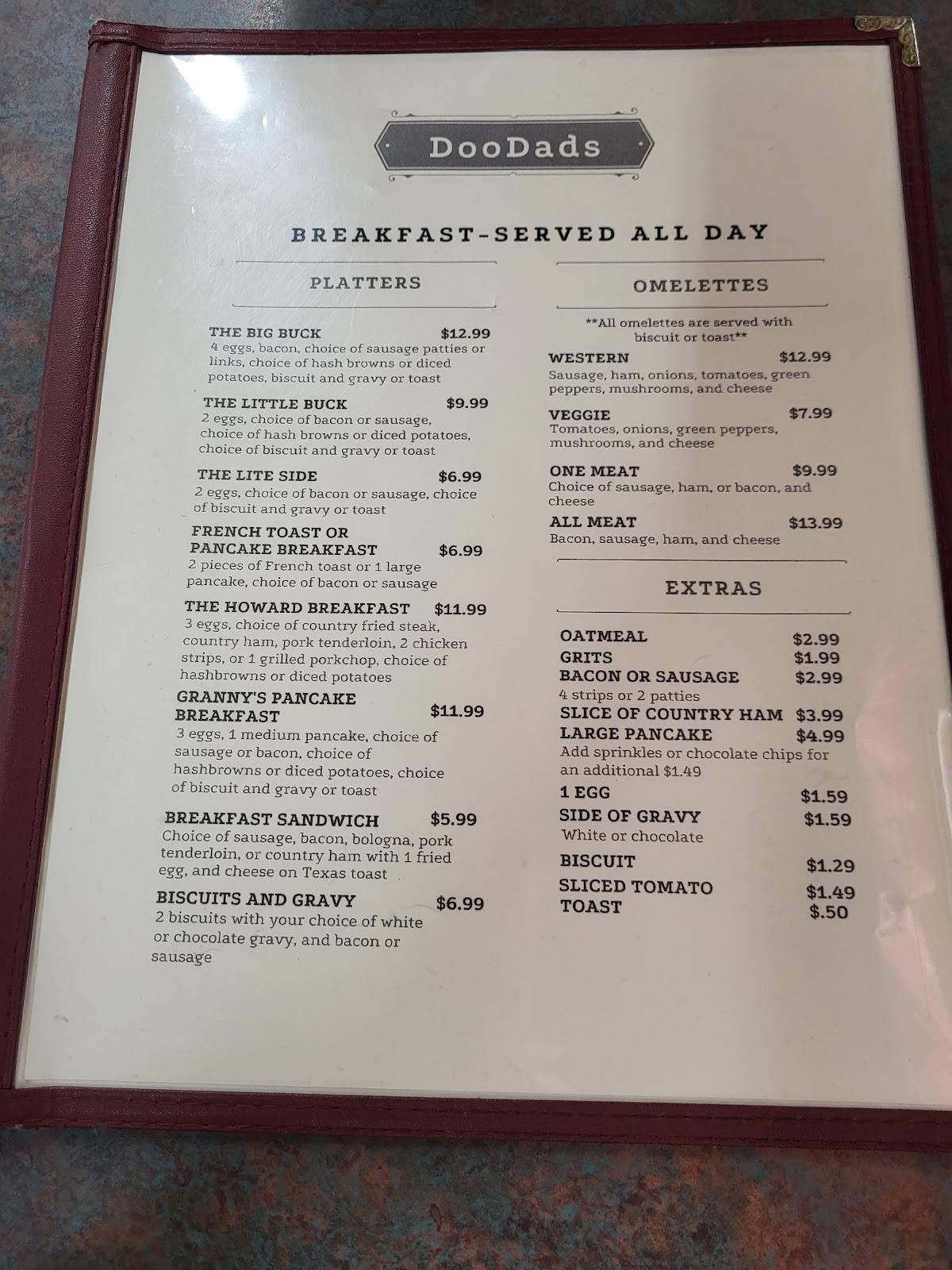 Menu at DooDads restaurant, Columbia