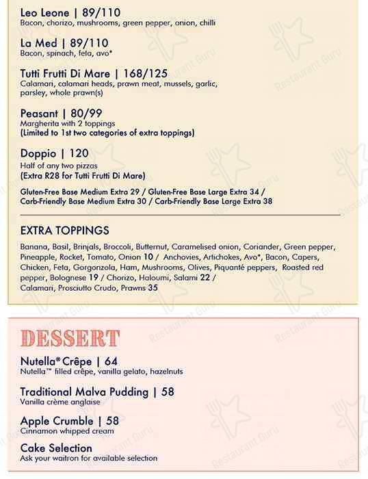 Menu au Doppio Zero, Pearls Umhlanga restaurant, Umhlanga