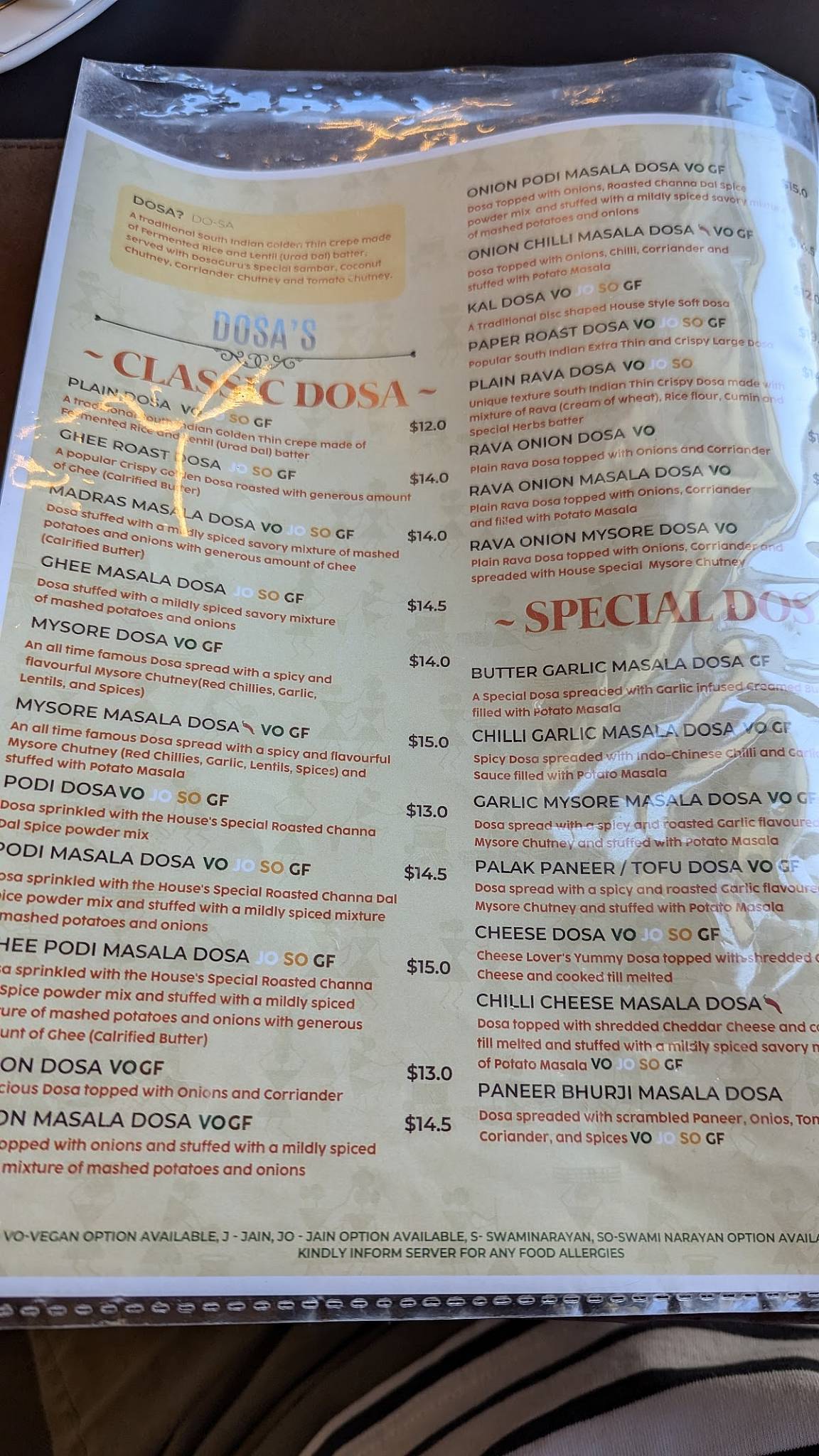 Menu at Dosa Guru restaurant, Edmonton