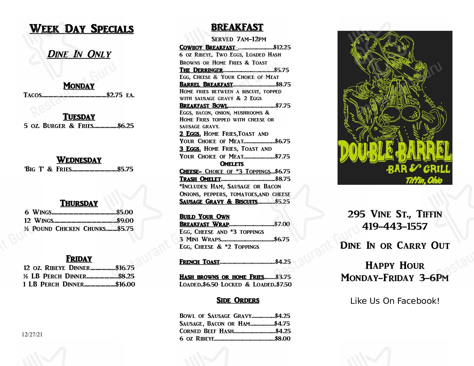 Menu at Double Barrel Bar And Grill, Tiffin