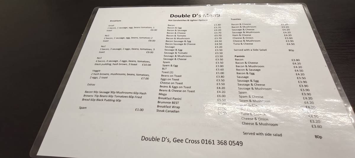 Menu at Double Ds Cafe, Hyde
