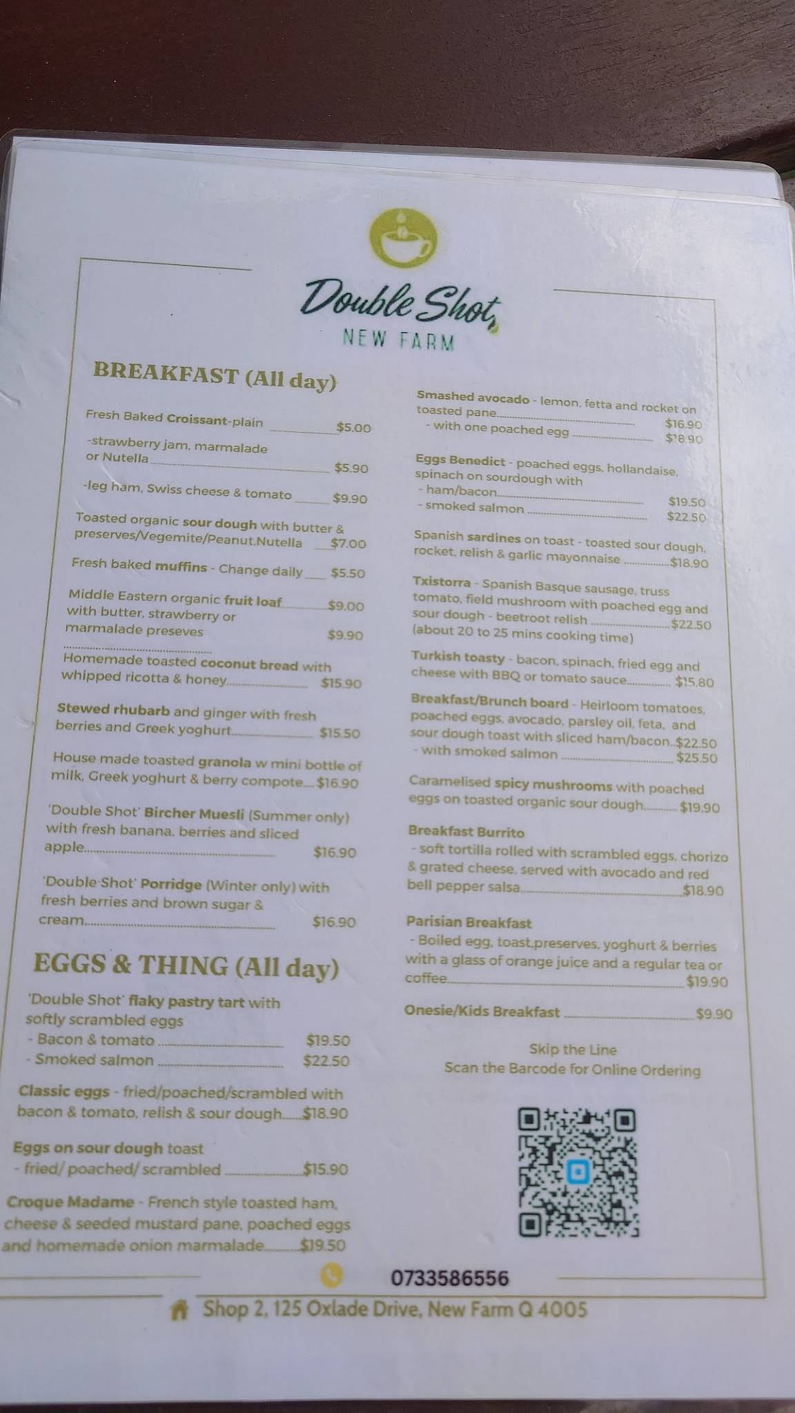 Menu at Double Shot New Farm restaurant, New Farm, 2/125 Oxlade Dr