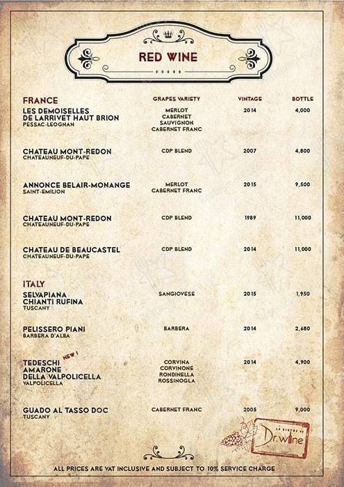 Menu at Dr. Wine Manila pub & bar, Makati