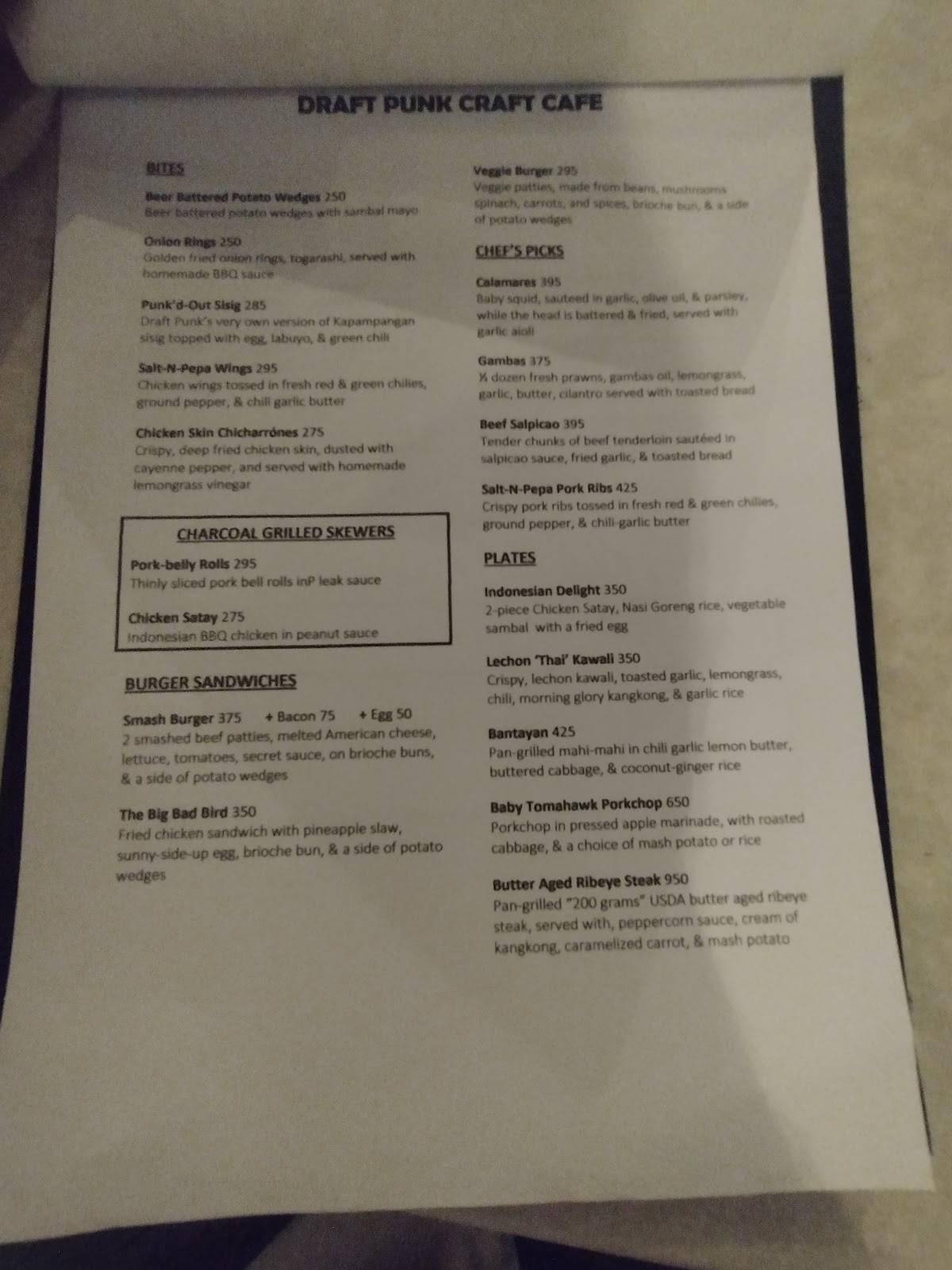Menu at Draft Punk Craft Cafe, Cebu City