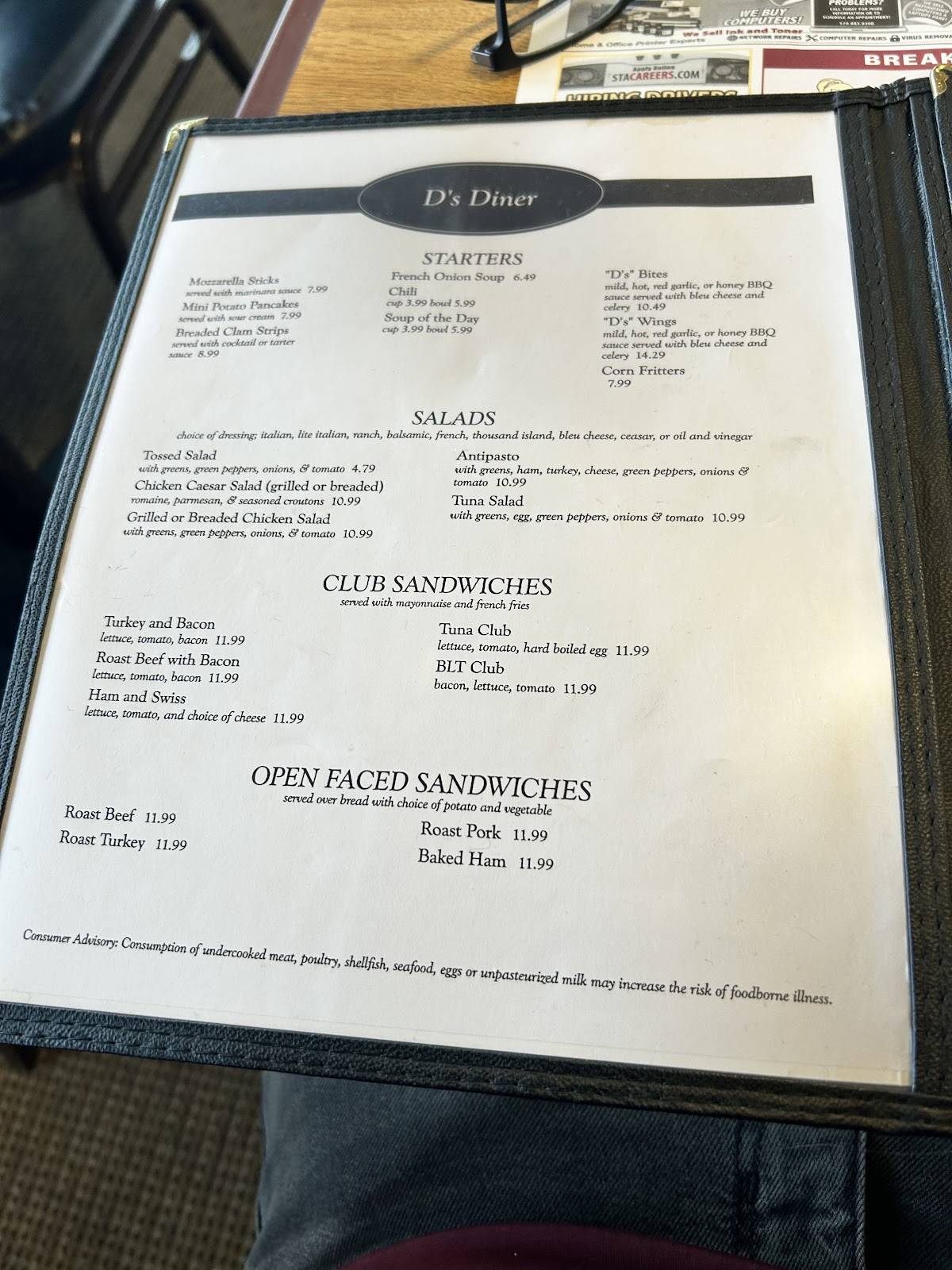 Menu at D's Diner restaurant, Wilkes-Barre