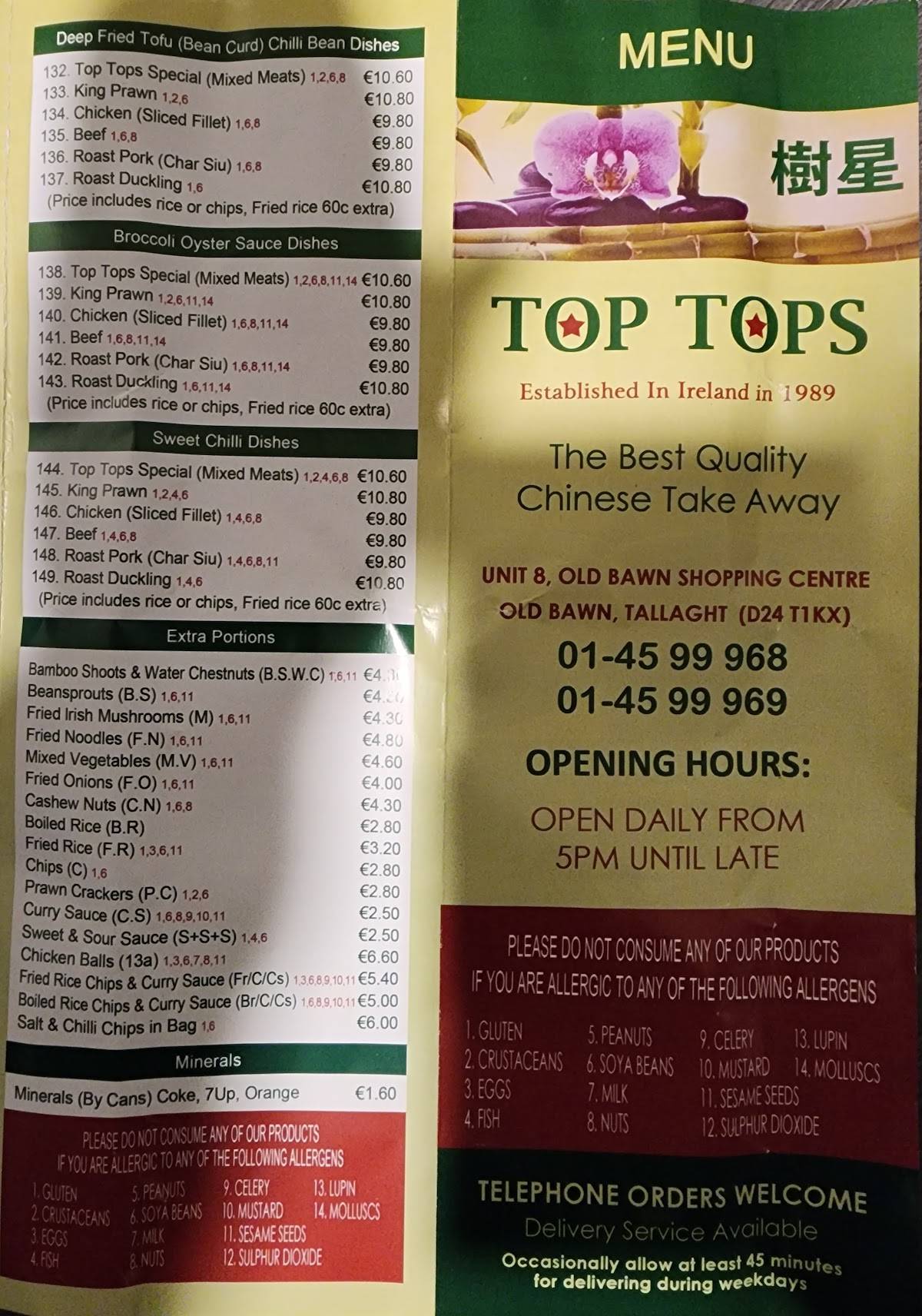Menu at Top Tops fast food, Ireland, Unit 8