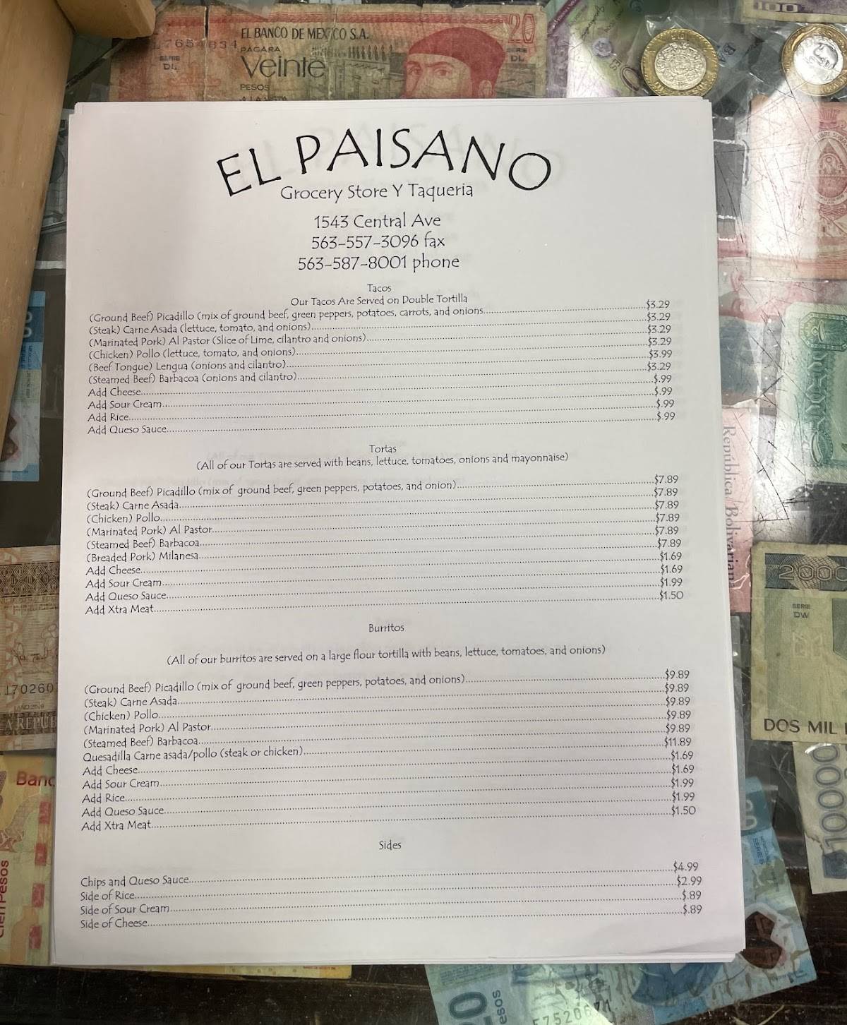 Menu at El Paisano restaurant, Dubuque