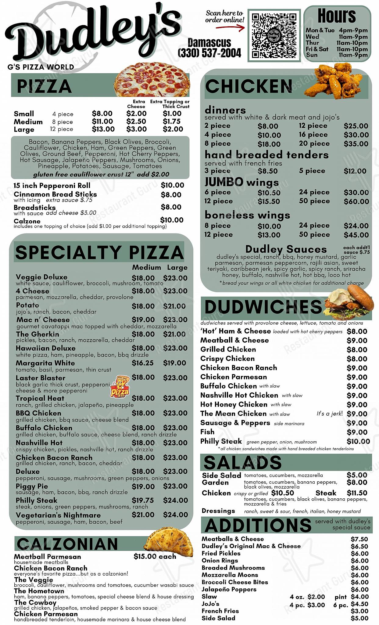 Menu at Dudley's G's Pizza World pizzeria, Damascus