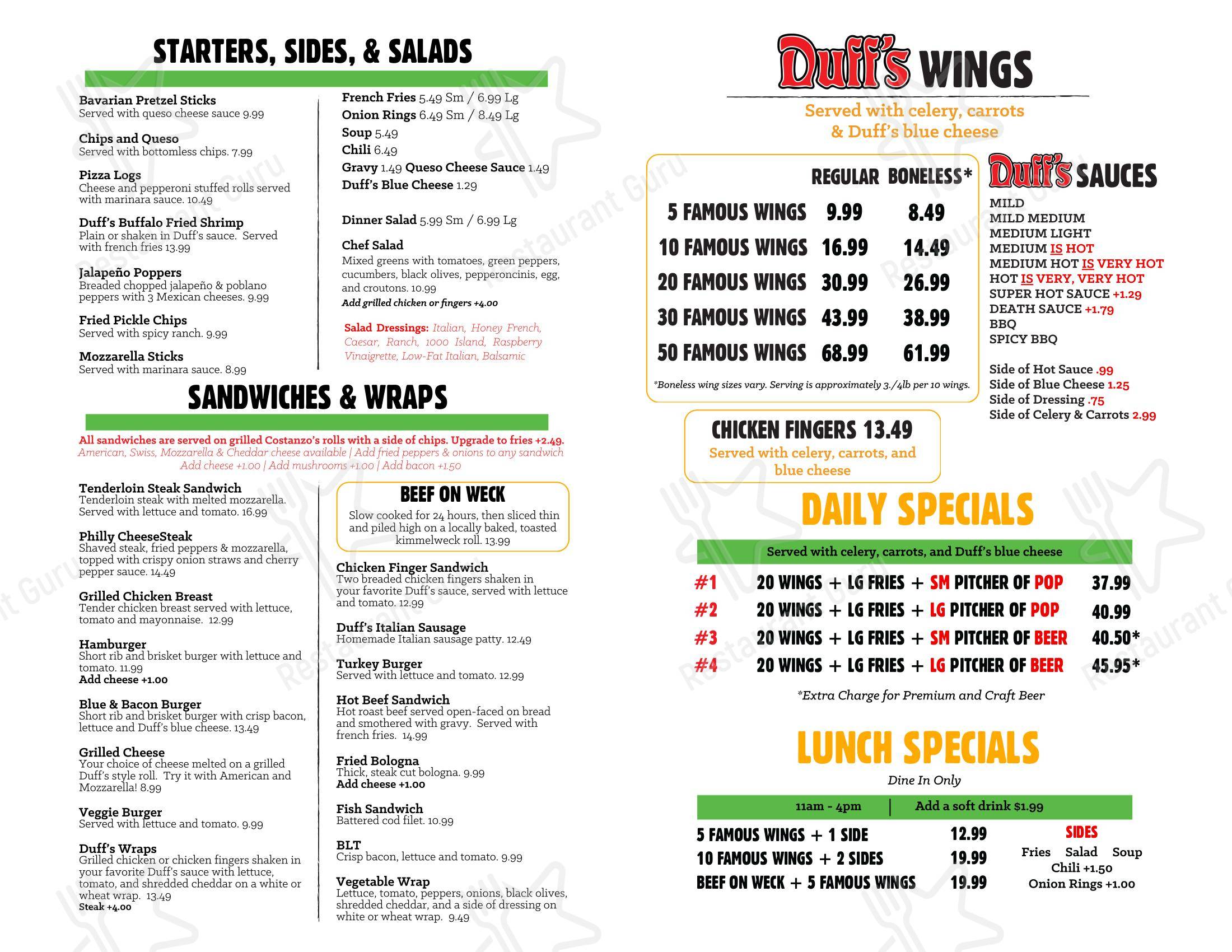 Menu at Duff's Famous Wings pub & bar, Amherst, Sheridan Dr