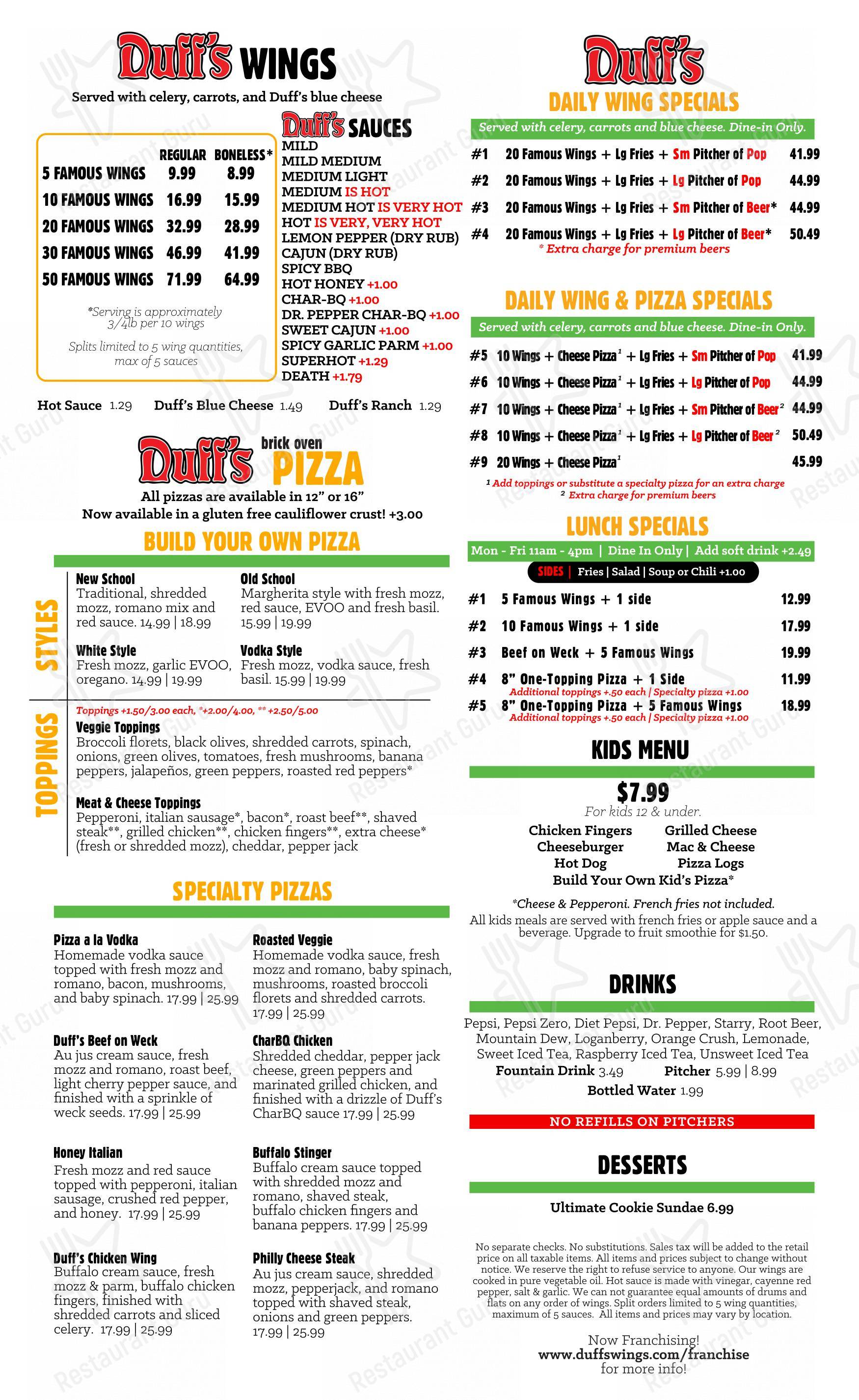 Menu at Duff's Famous Wings restaurant, Amherst, Sheridan Dr