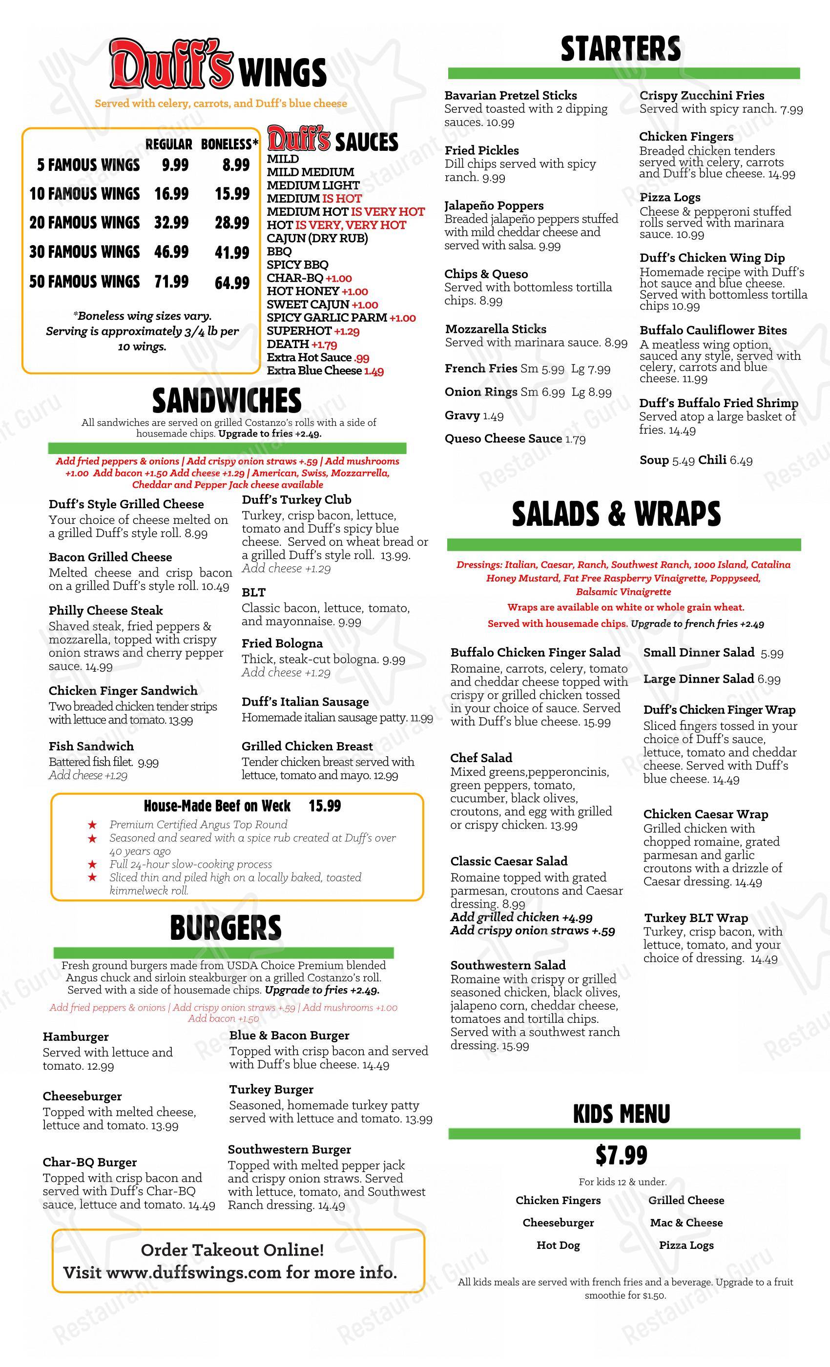 Menu at Duff's Famous Wings restaurant, Amherst, Sheridan Dr