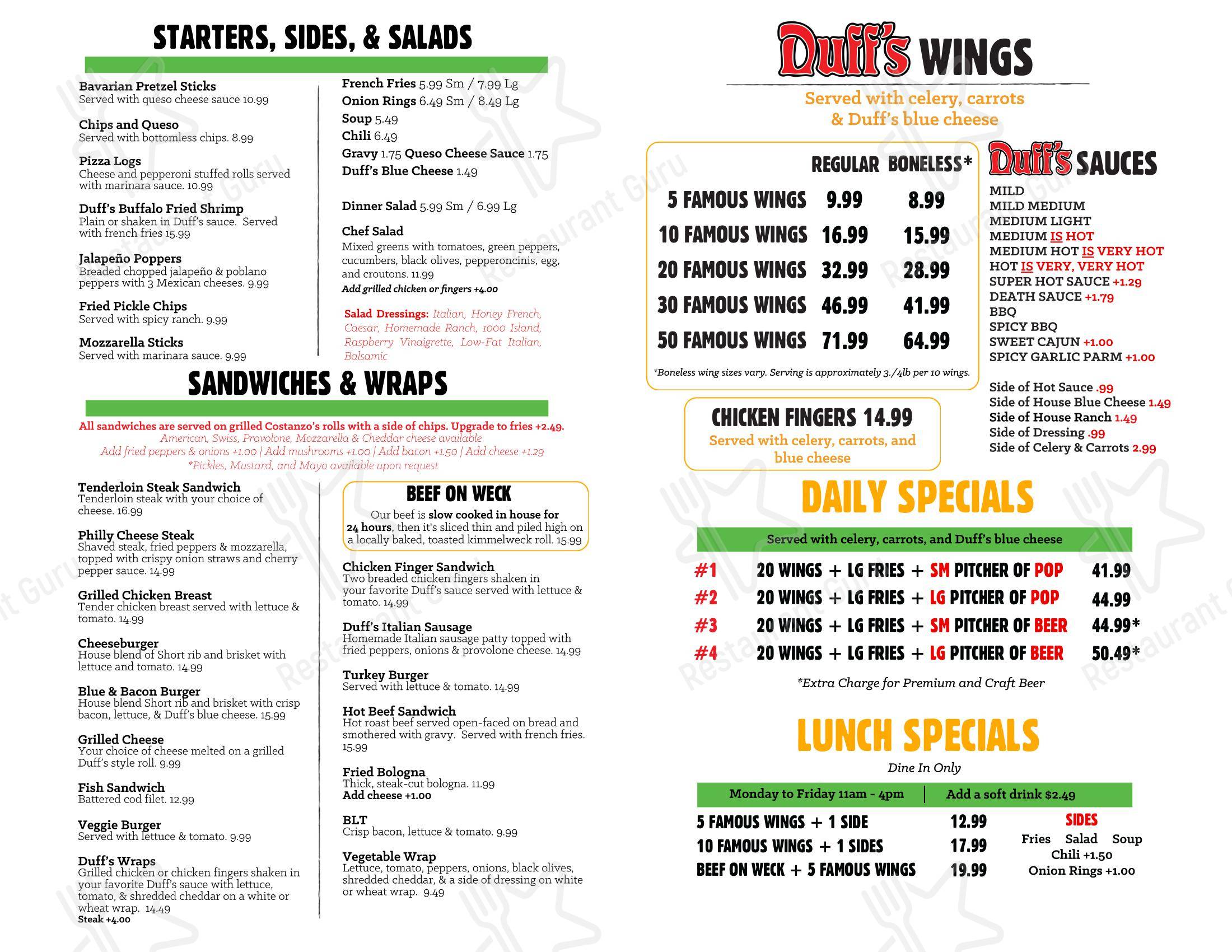 Menu at Duff's Famous Wings restaurant, Amherst, Sheridan Dr