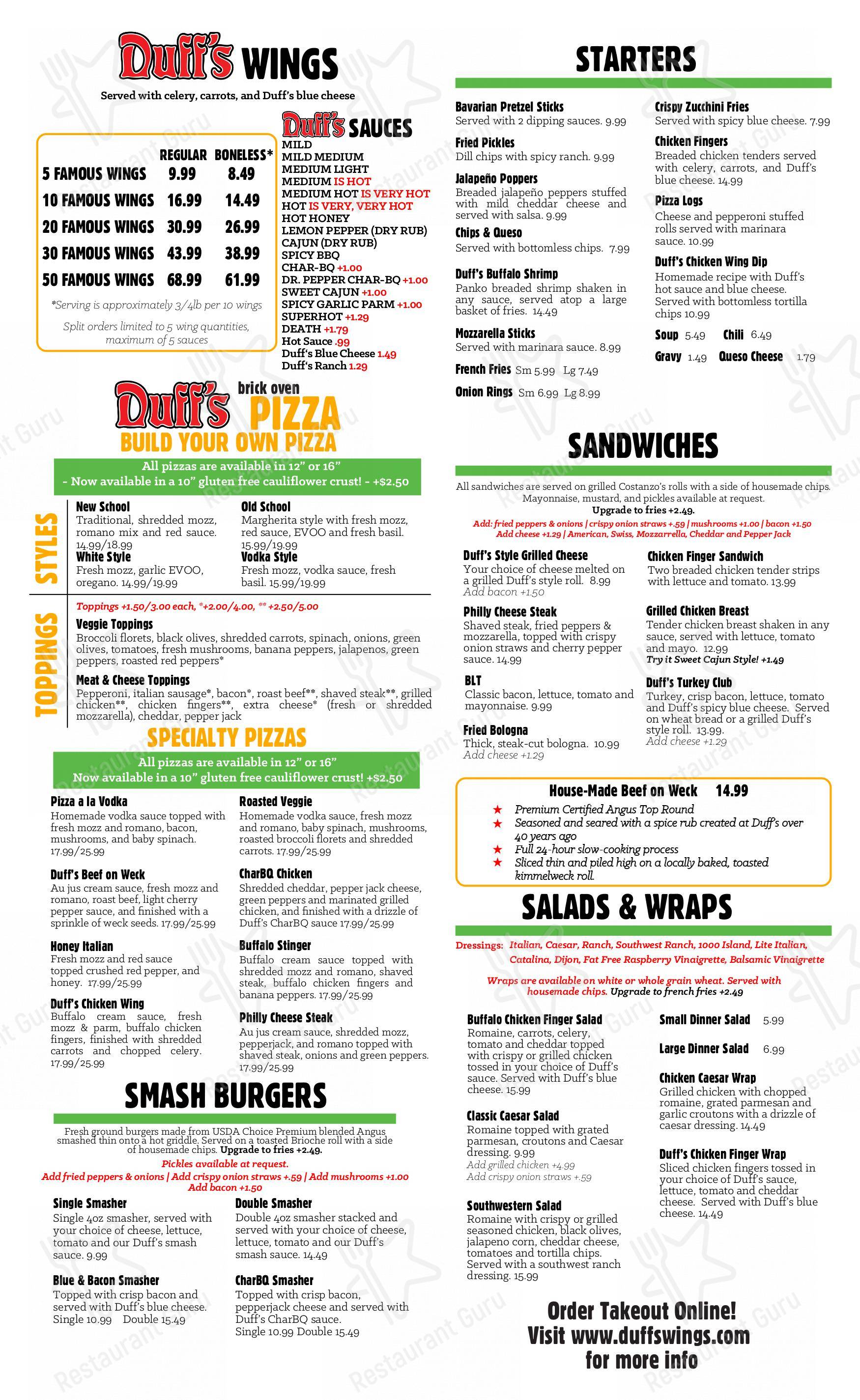 Menu at Duff's Famous Wings restaurant, Amherst, Sheridan Dr