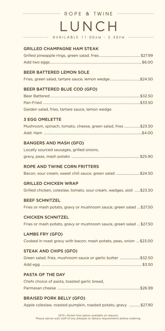 Menu at The Rope and Twine pub & bar, Dunedin