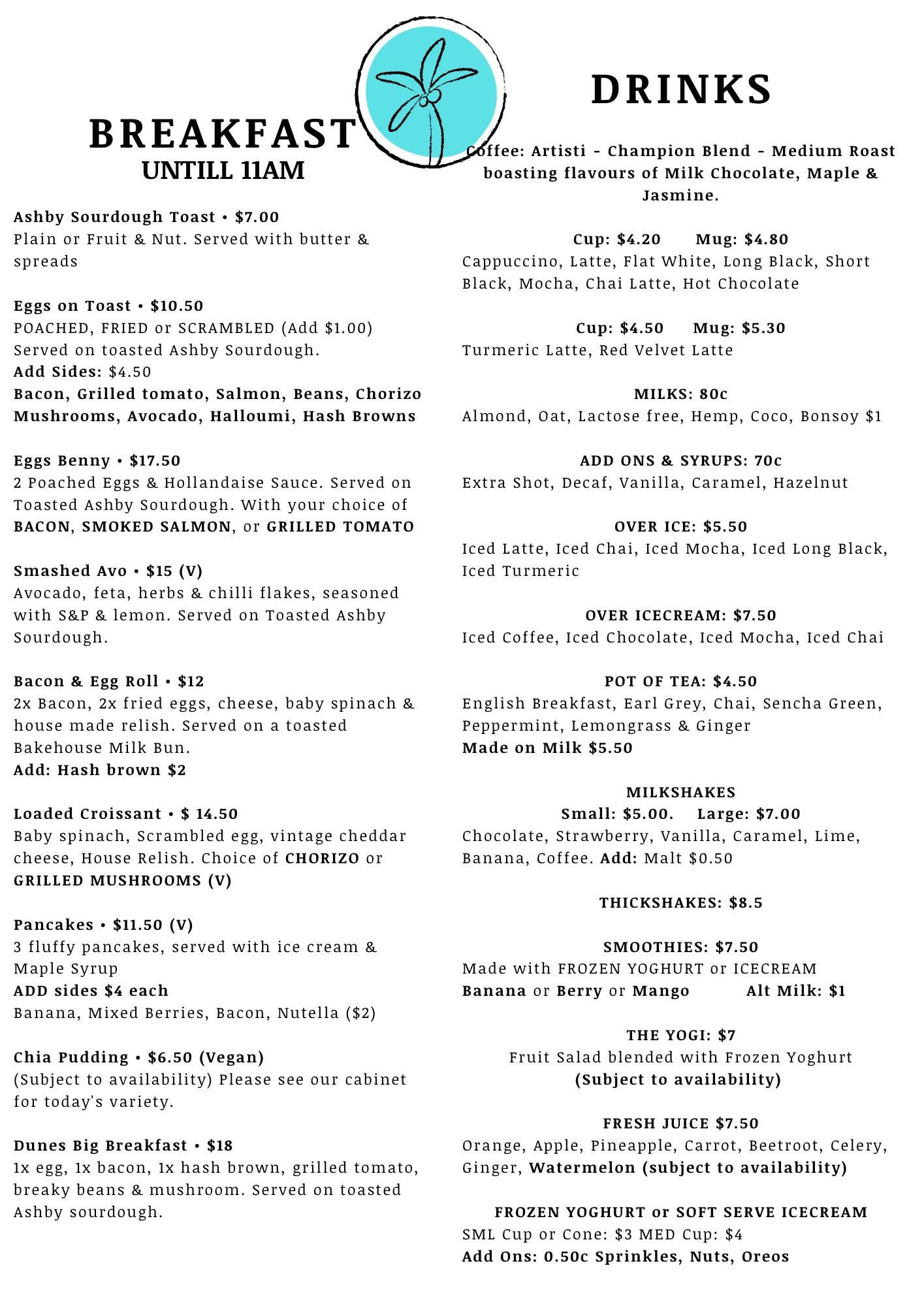 Menu at Dunes Cafe, Yamba