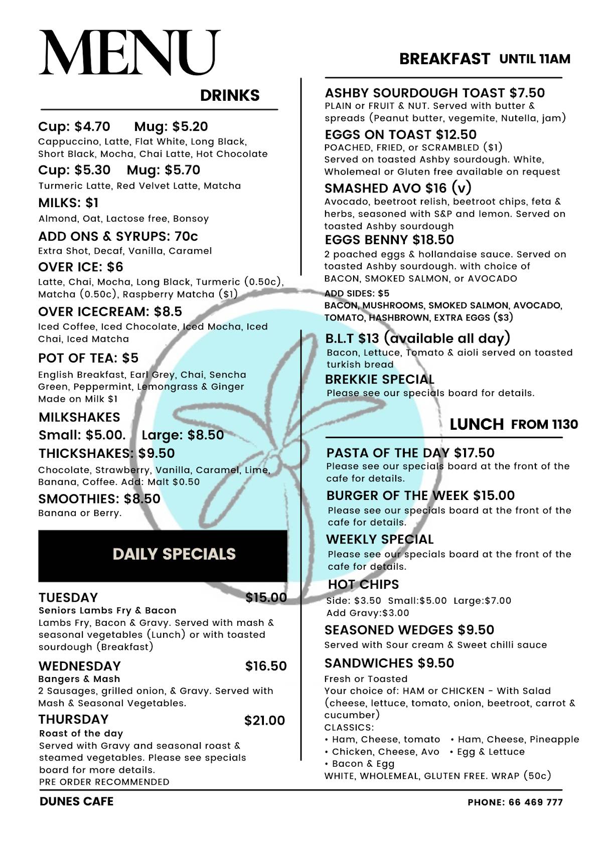 Menu at Dunes Cafe, Yamba