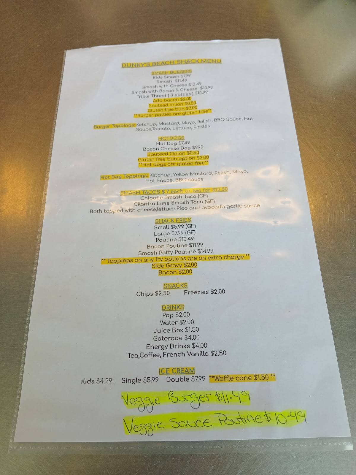 Menu at Dunky's Beach Shack restaurant, Burlington