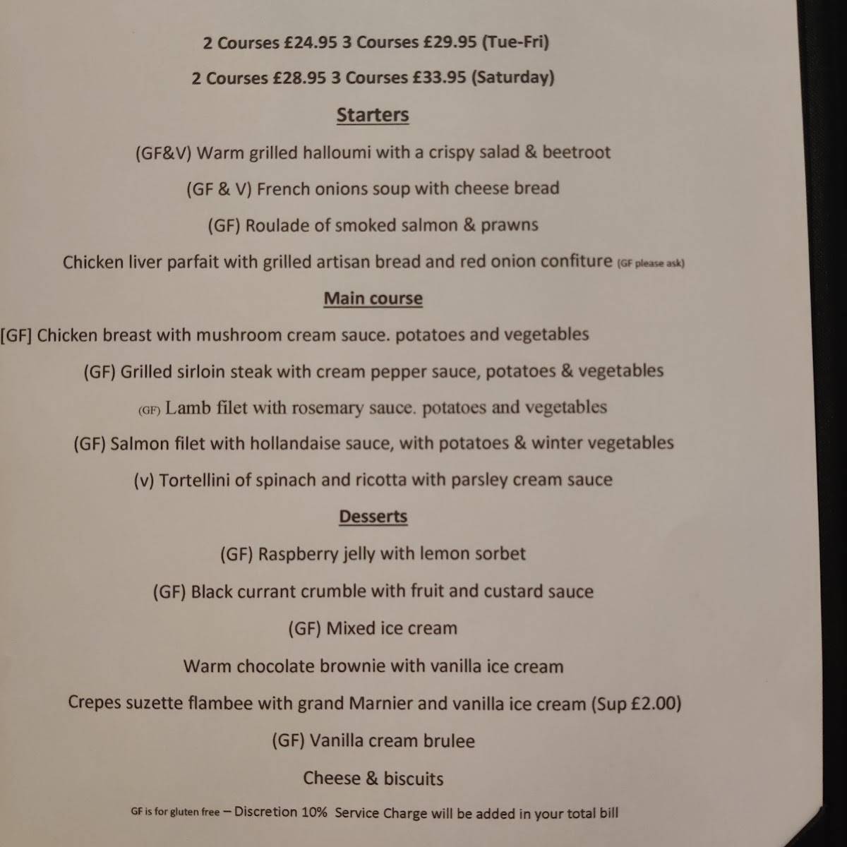 Menu at Chez Jerome restaurant, Dunstable