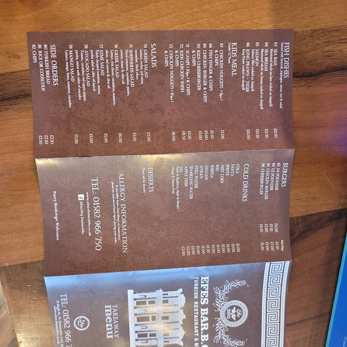 Menu at Efes BBQ, Dunstable