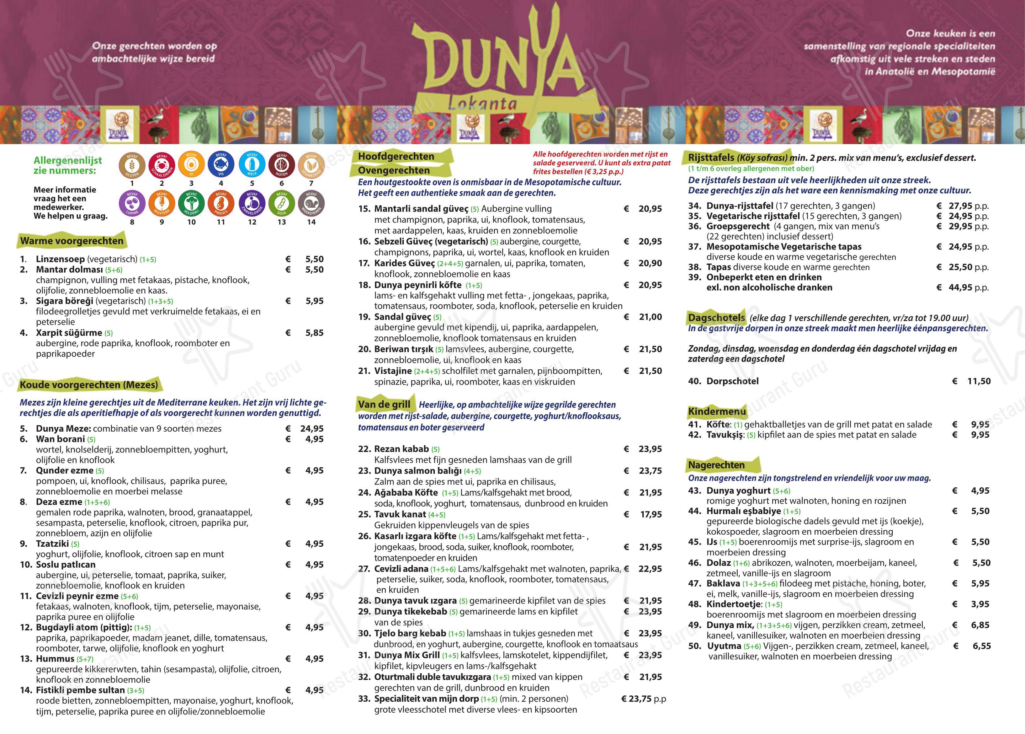 Menu at Dunya Lokanta, Rotterdam