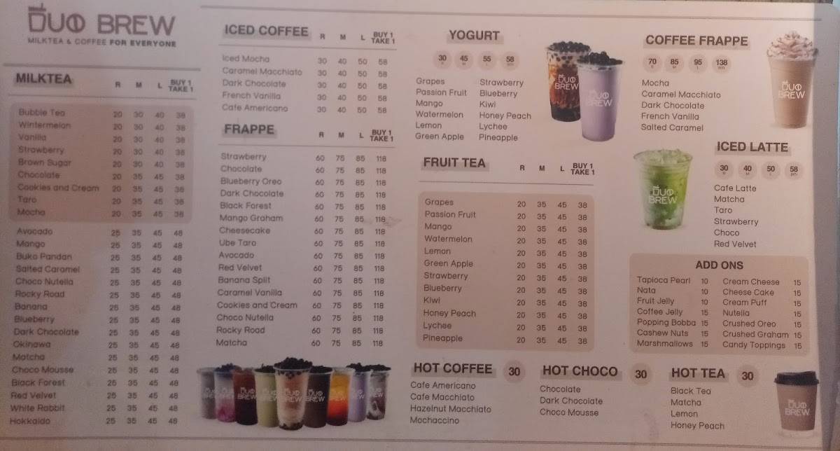 Menu at Duo Brew, Parañaque