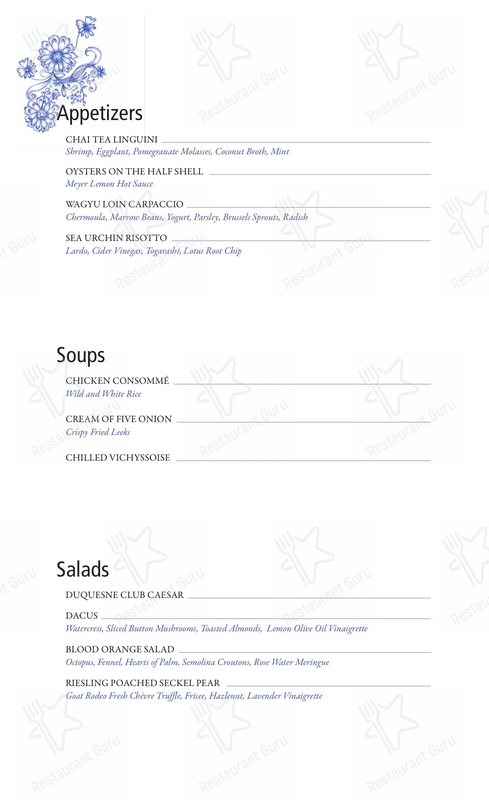 Menu at Duquesne Club, Pittsburgh