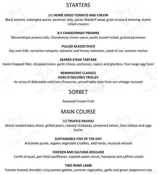 Menu at The Ocean Terrace restaurant, Umhlanga