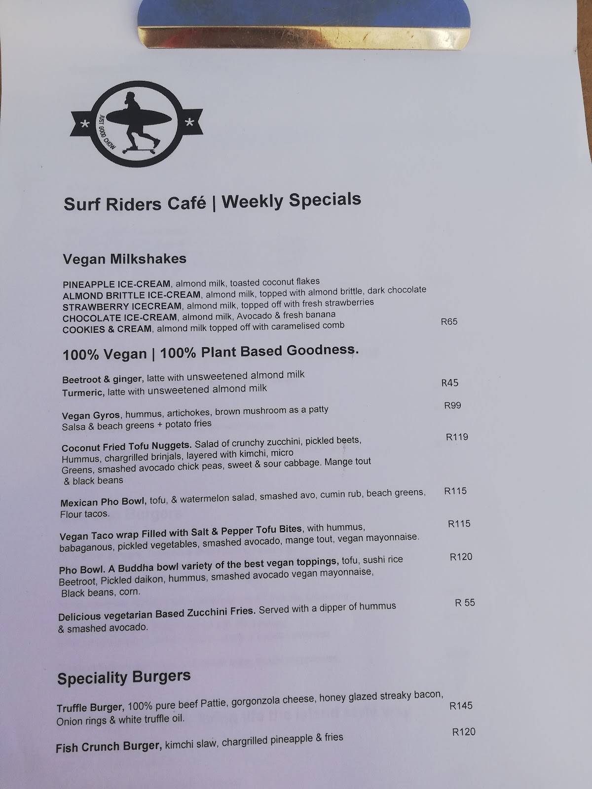 Menu at SURF RIDERS SOUTH BEACH @ BEACHFRONT restaurant, Durban