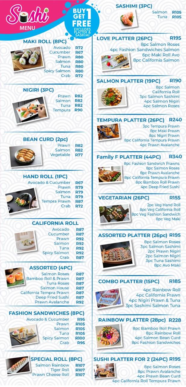 Menu au Seven Seas Sushi-Thai-Teppanyaki restaurant, Durban