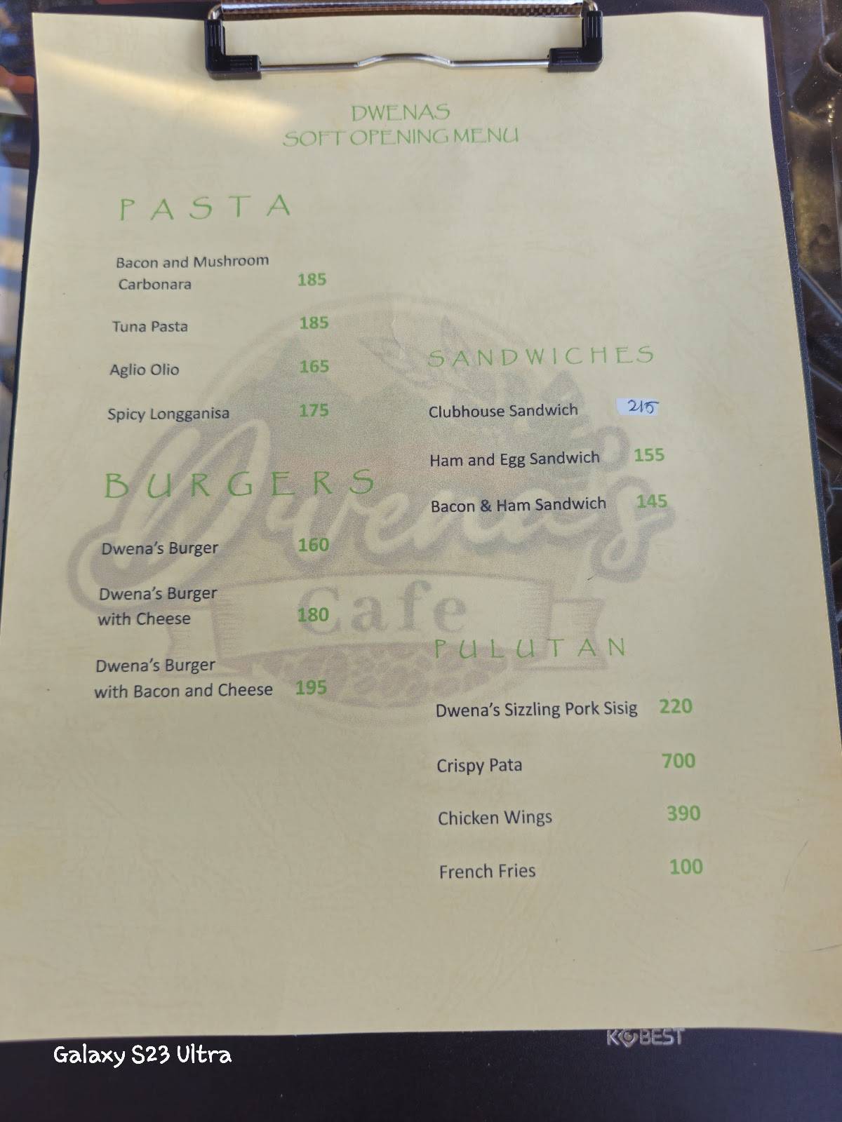 Menu at Dwenas Cafe, Santo Tomas