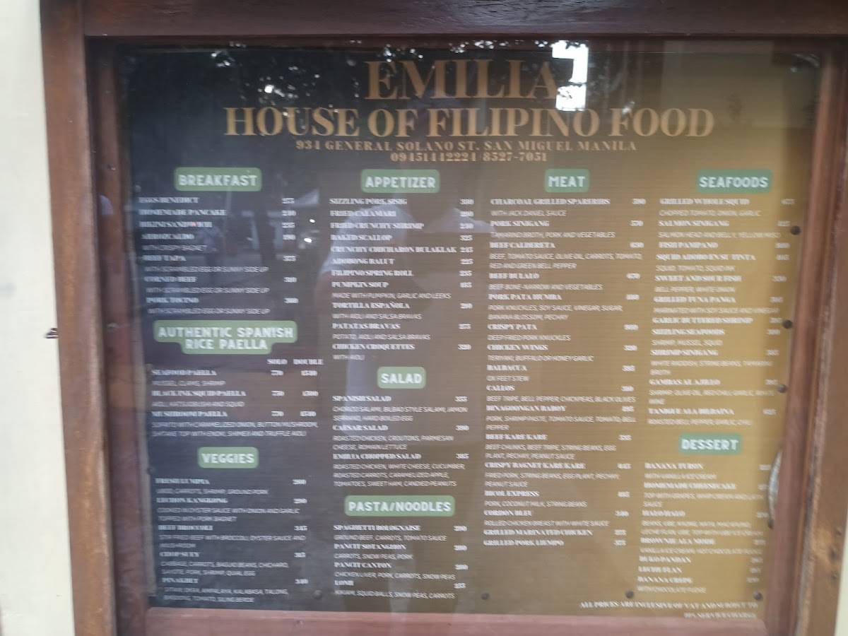 Menu at EMILIA, House of Filipino Food restaurant, Manila