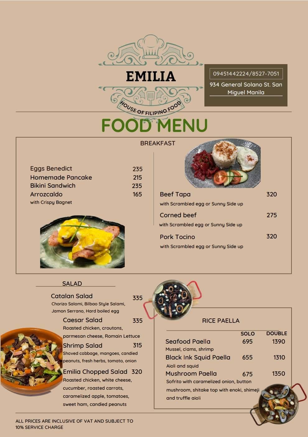 Menu at EMILIA, House of Filipino Food restaurant, Manila