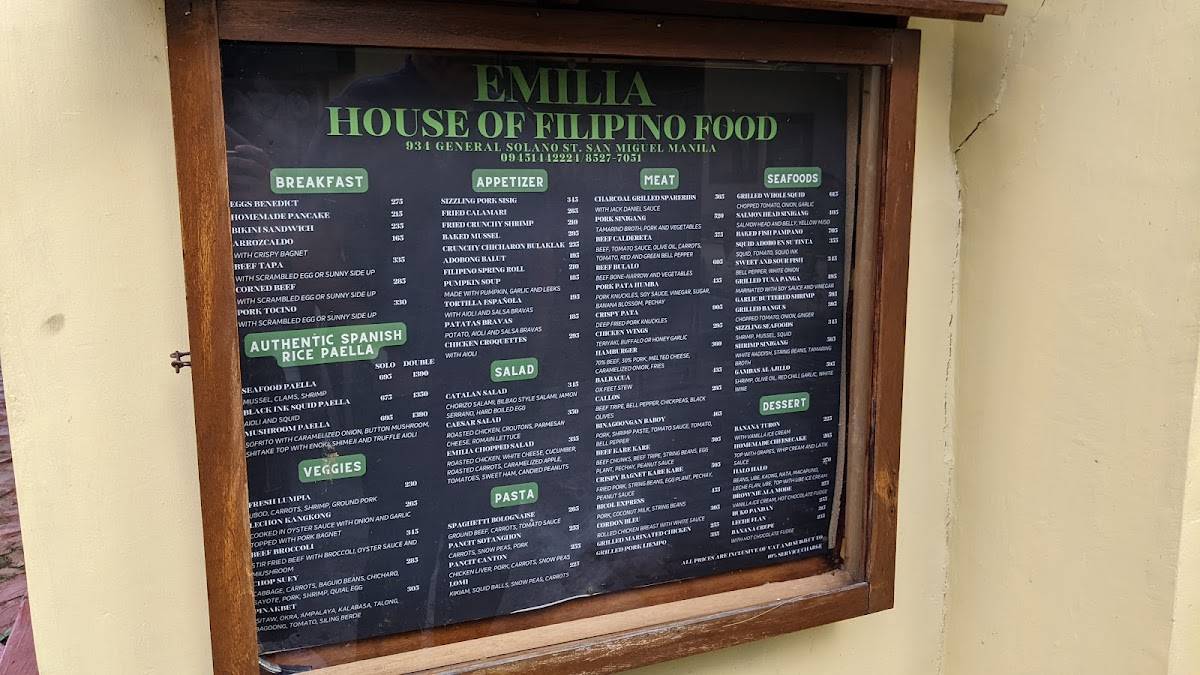Menu at EMILIA, House of Filipino Food restaurant, Manila