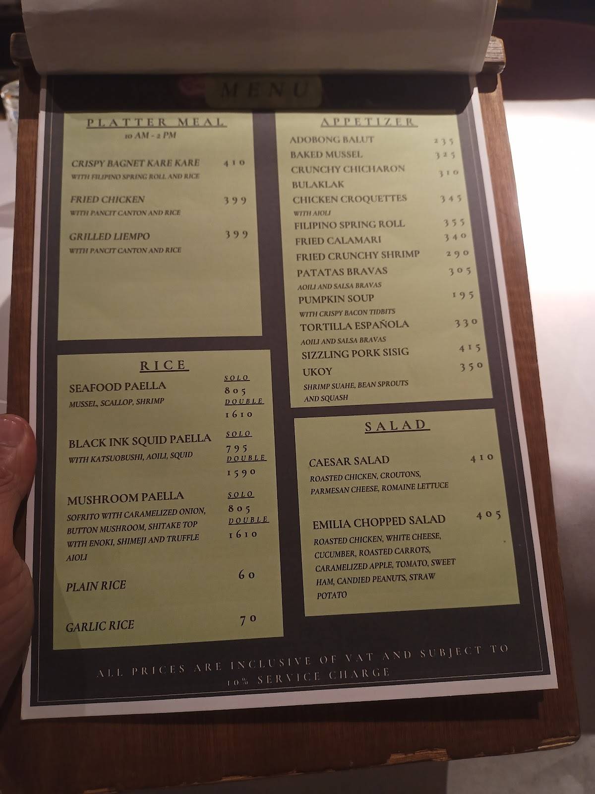 Menu at EMILIA, House of Filipino Food restaurant, Manila