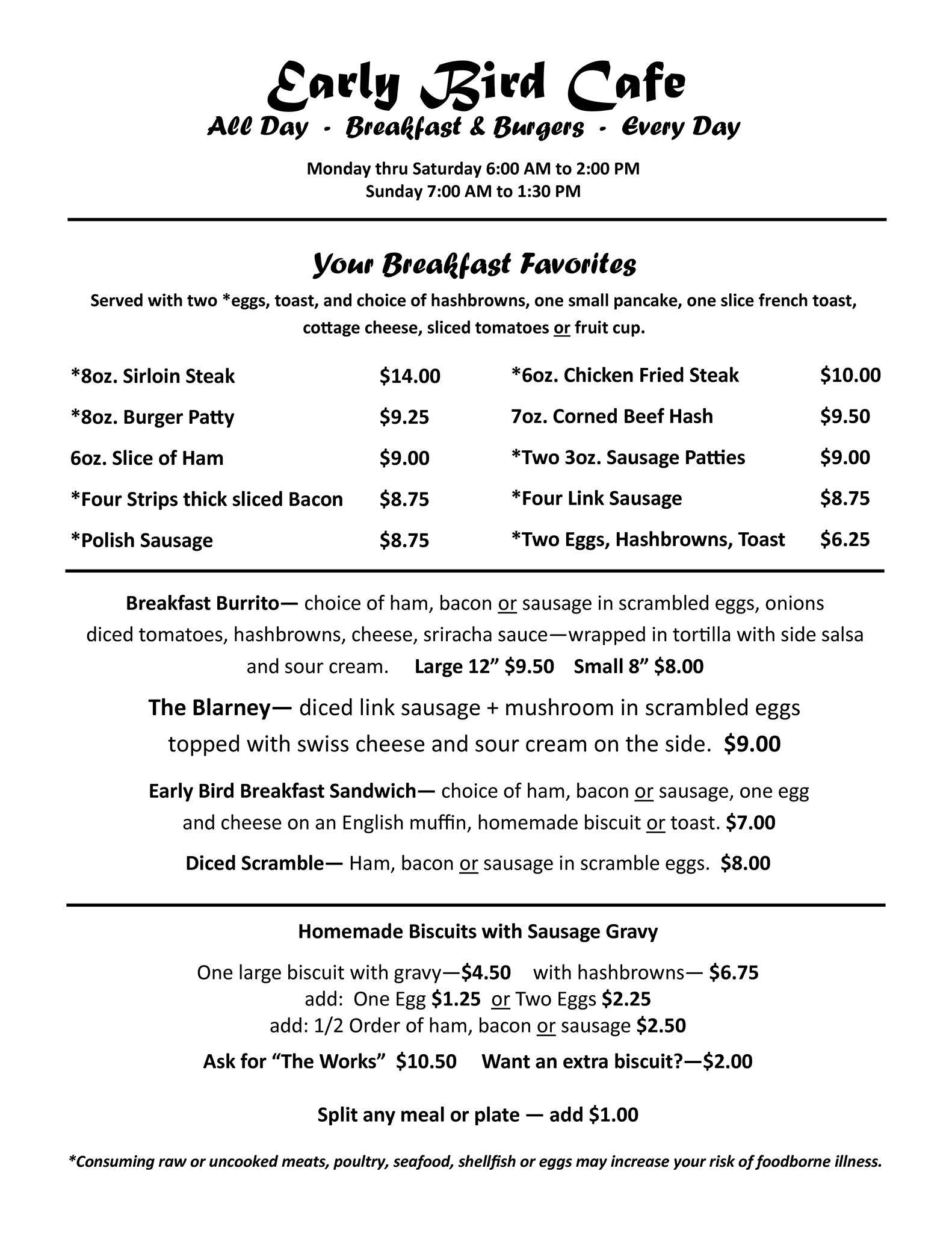 Menu at Early Bird Cafe, Helena, Euclid Ave