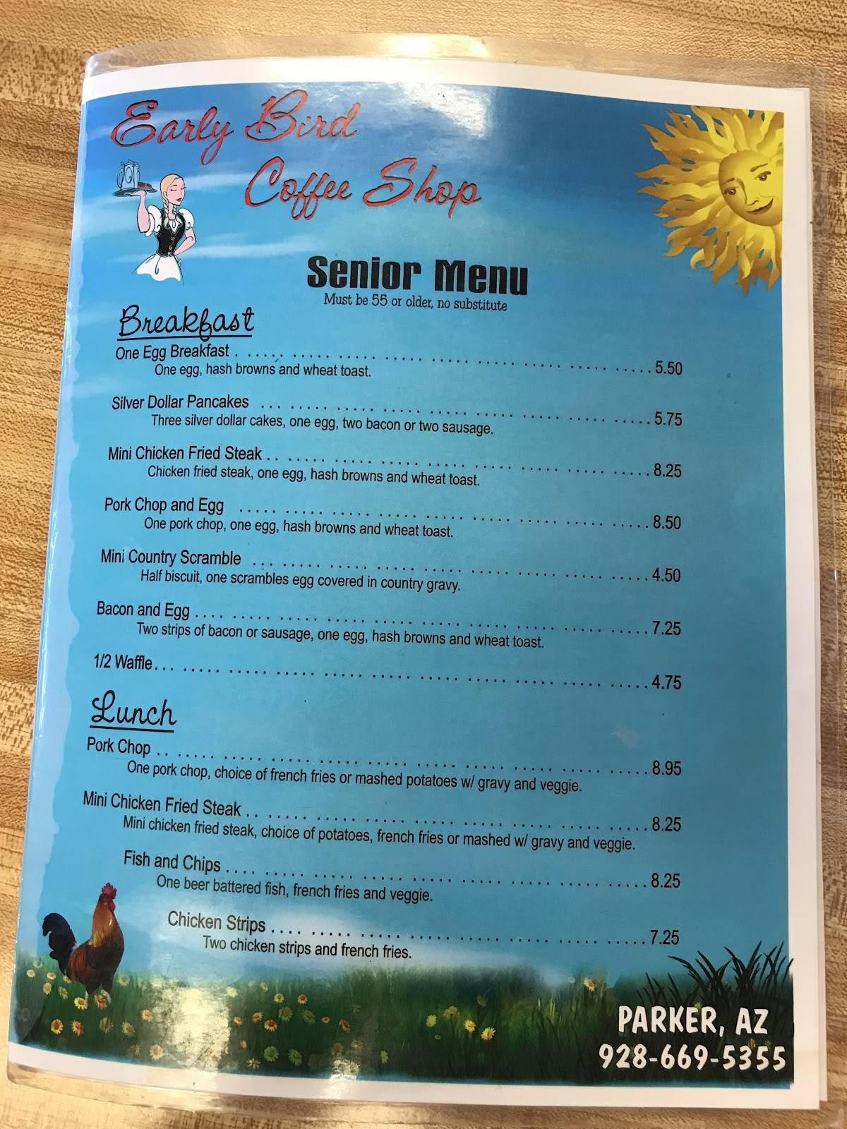 Menu at Early Bird Coffee Shop cafe, Parker