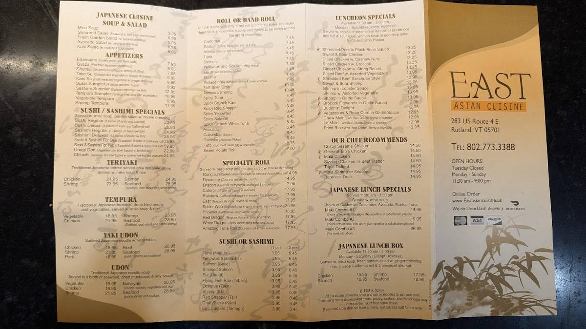 Menu at East Asian Cuisine restaurant, Rutland