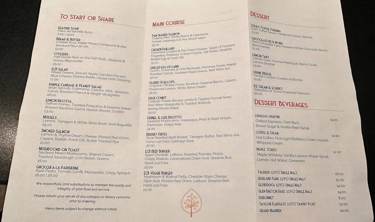 Menu at East Coast Bistro restaurant, Saint John, 60 Prince William St