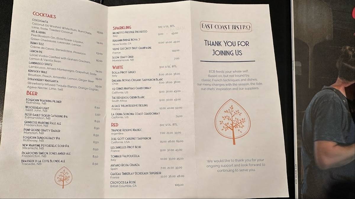 Menu at East Coast Bistro restaurant, Saint John, 60 Prince William St