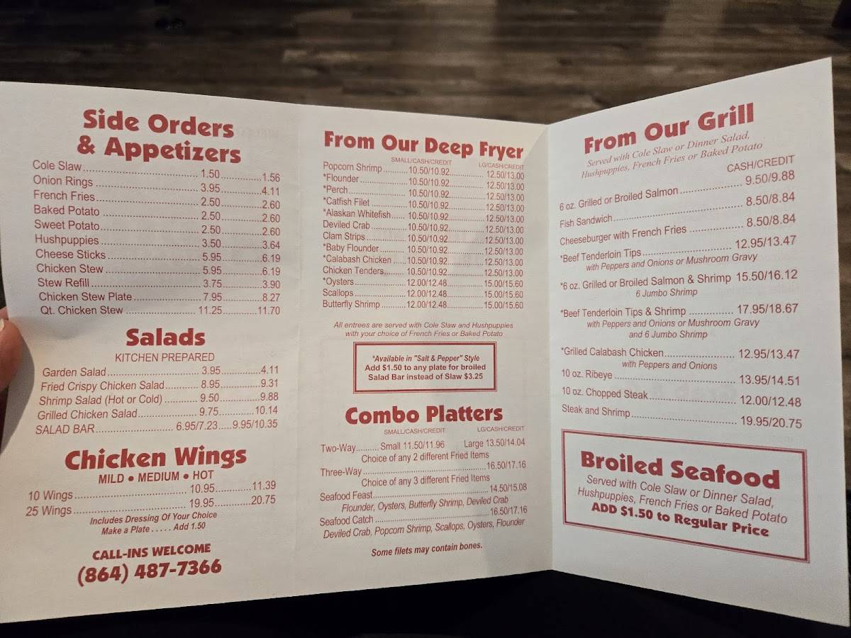 Menu at Colonial Fish Camp restaurant, Gaffney