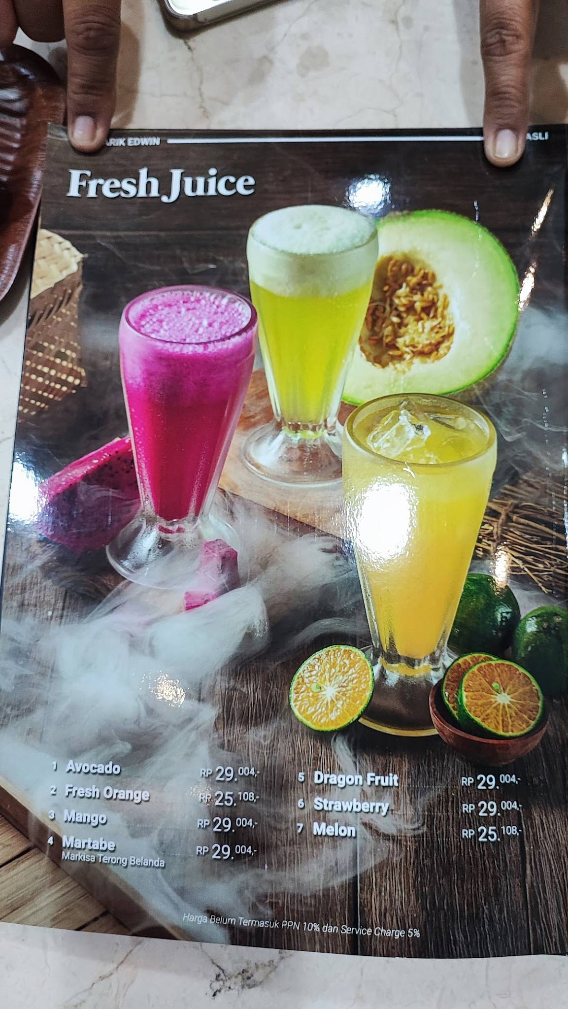 Menu at Kopi Tarik Edwin restaurant, East Jakarta