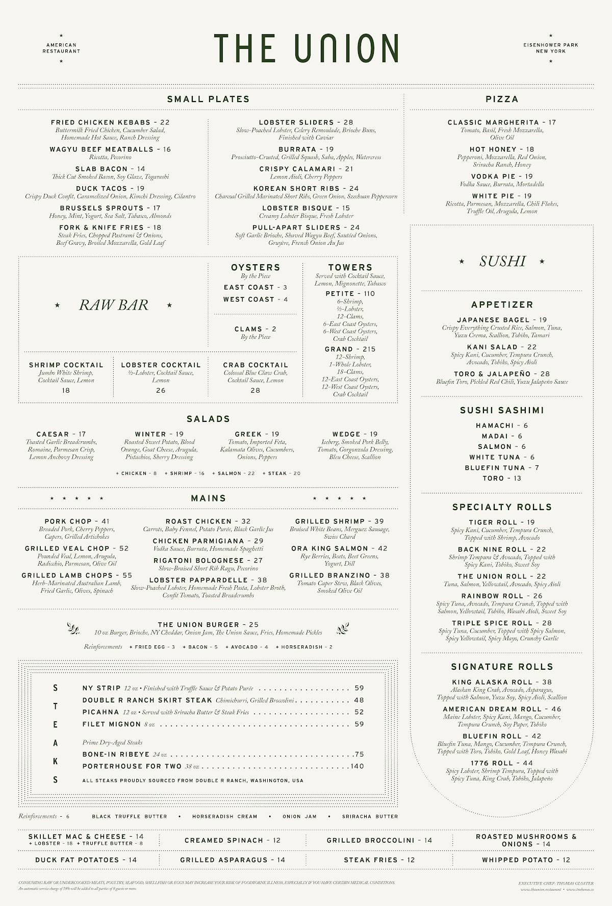Menu at The Union restaurant, East Meadow