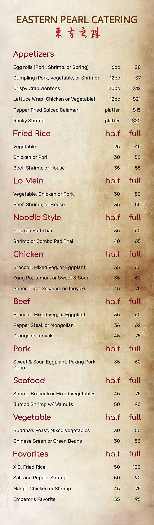 Menu at Eastern Pearl restaurant, Buffalo