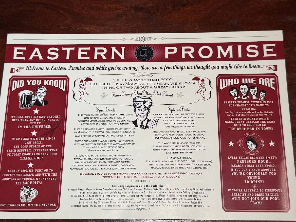 Menu at Eastern Promise restaurant, South Jakarta