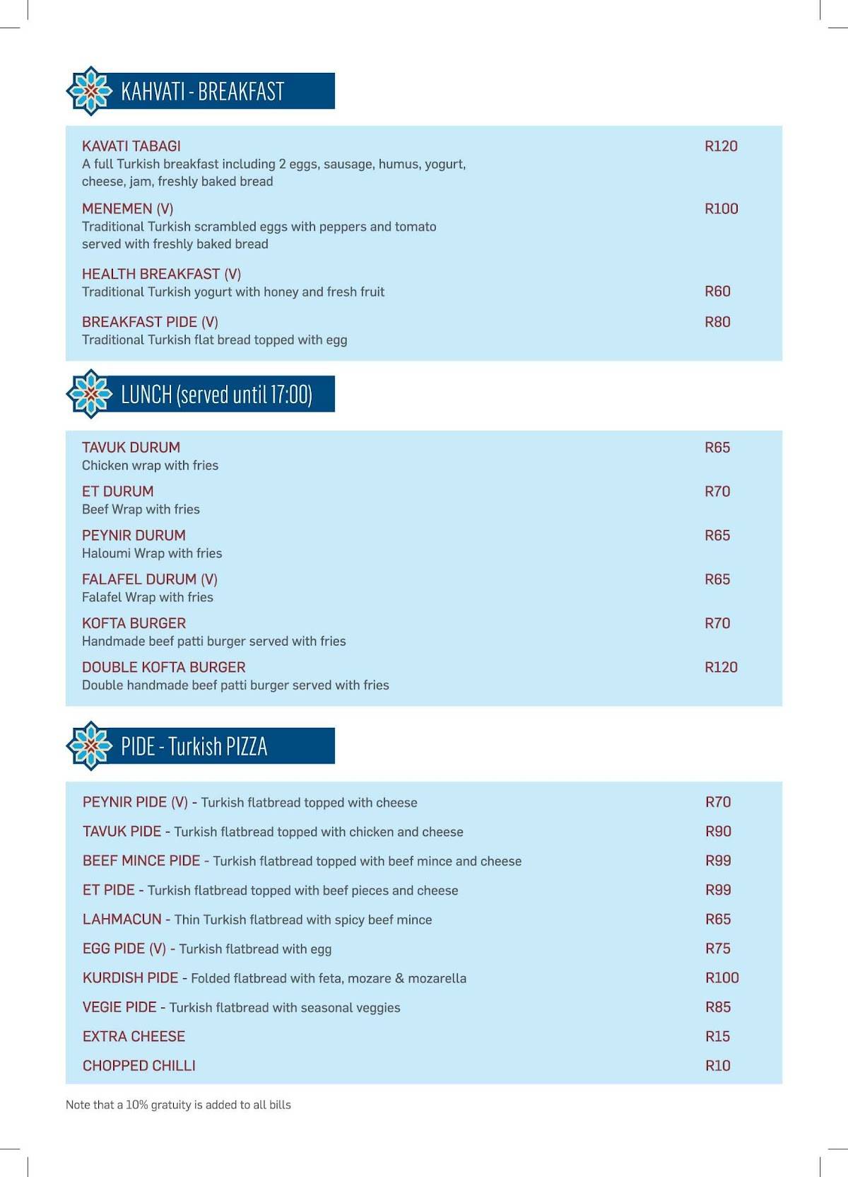 Menu at EatStanbul restaurant, Cape Town