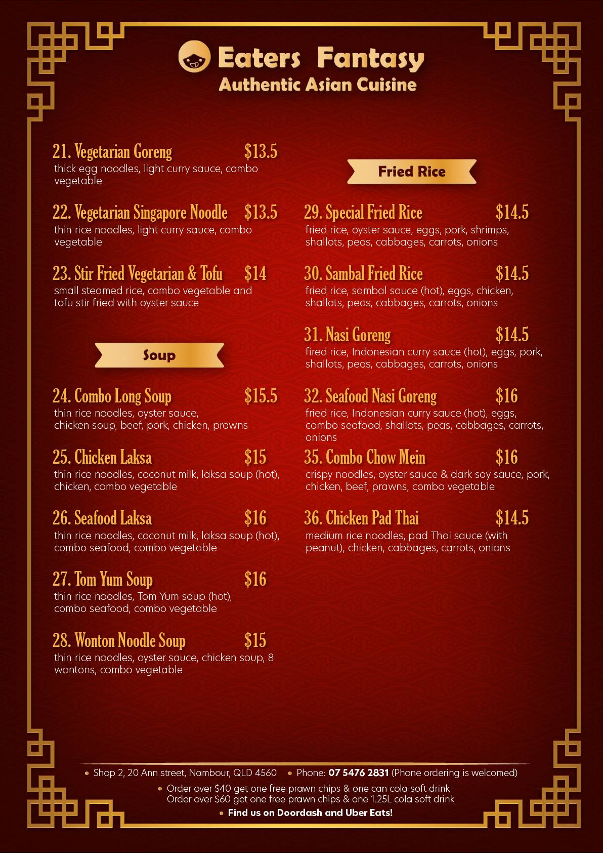 Menu at Eaters Fantasy Asian Food Restaurant, Nambour, 2/20 Ann St