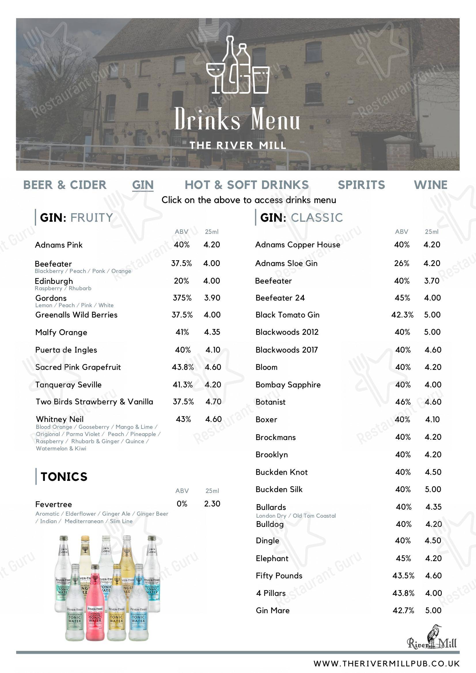 Menu at The River Mill pub & bar, Eaton Socon