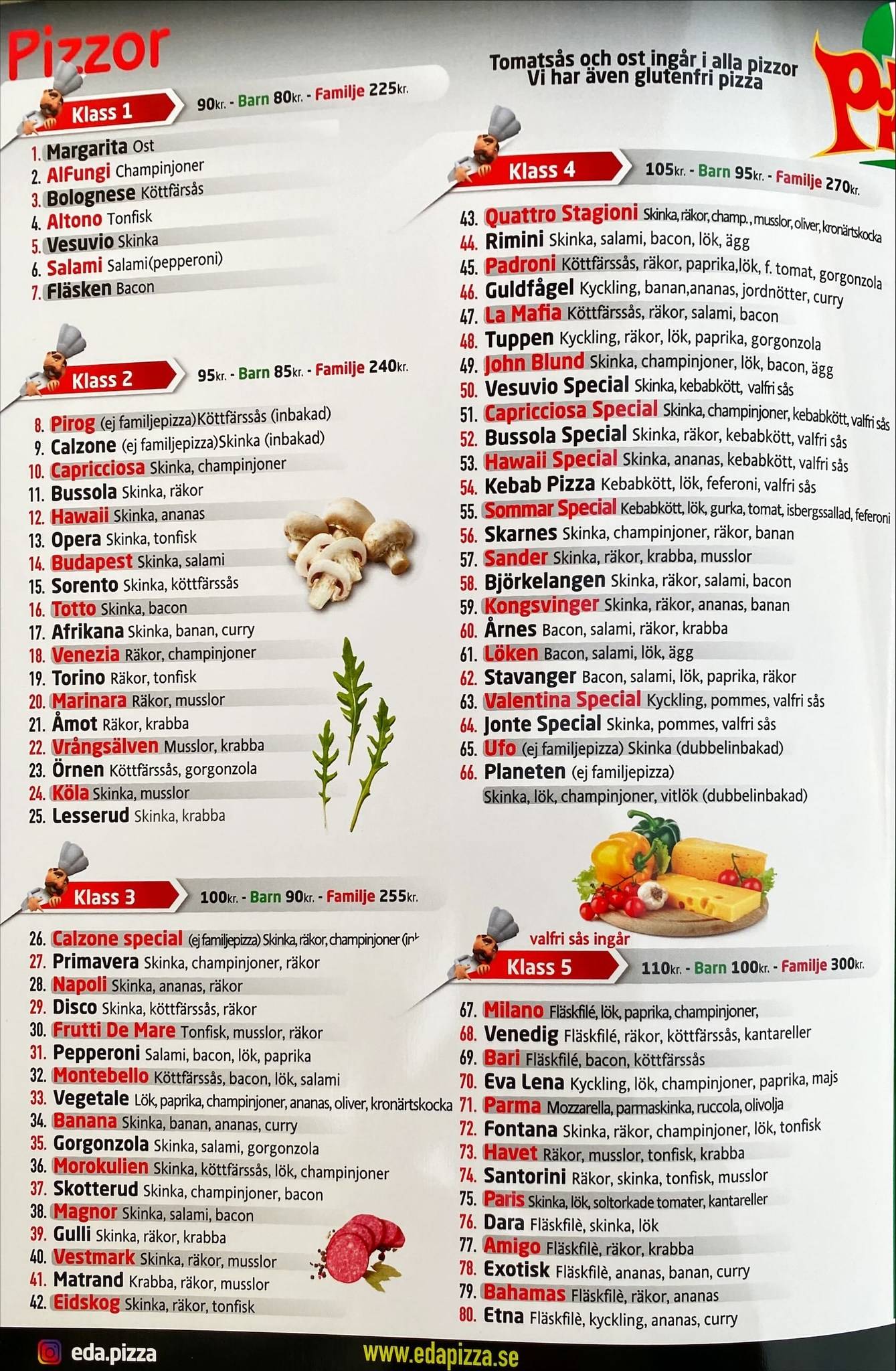 Menu at Eda Pizza restaurant, Charlottenberg